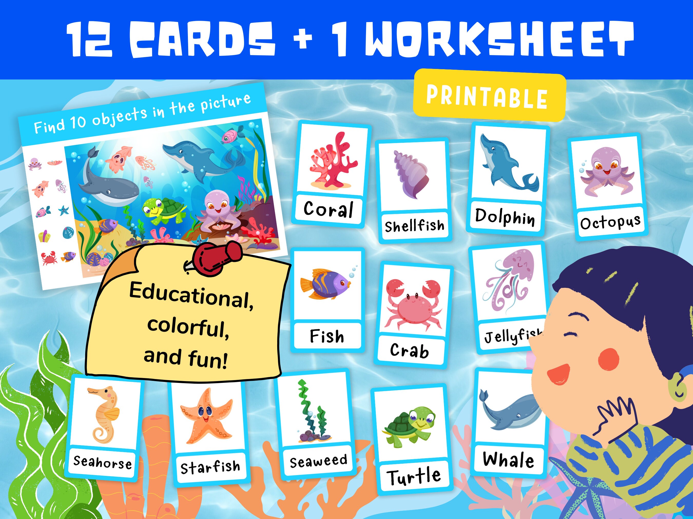 Explore the Ocean: 12 Sea Life Flashcards Worksheet Set, Instant ...
