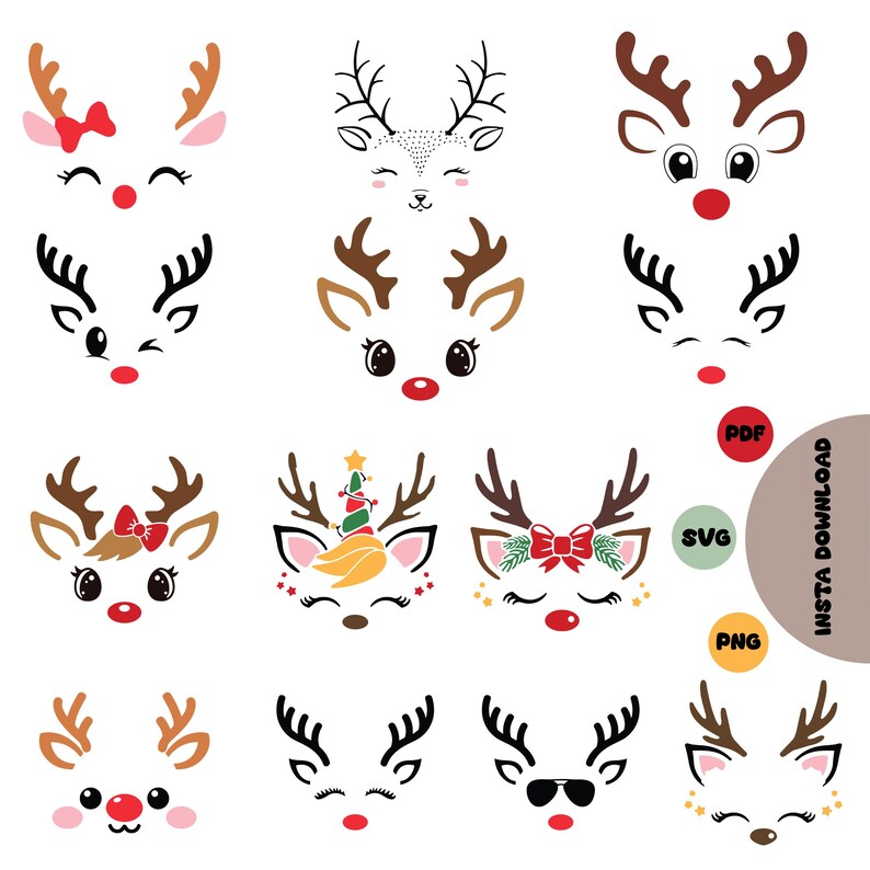 Christmas Reindeer Faces SVG PNG Bundle, Cricut Cut Files - Etsy