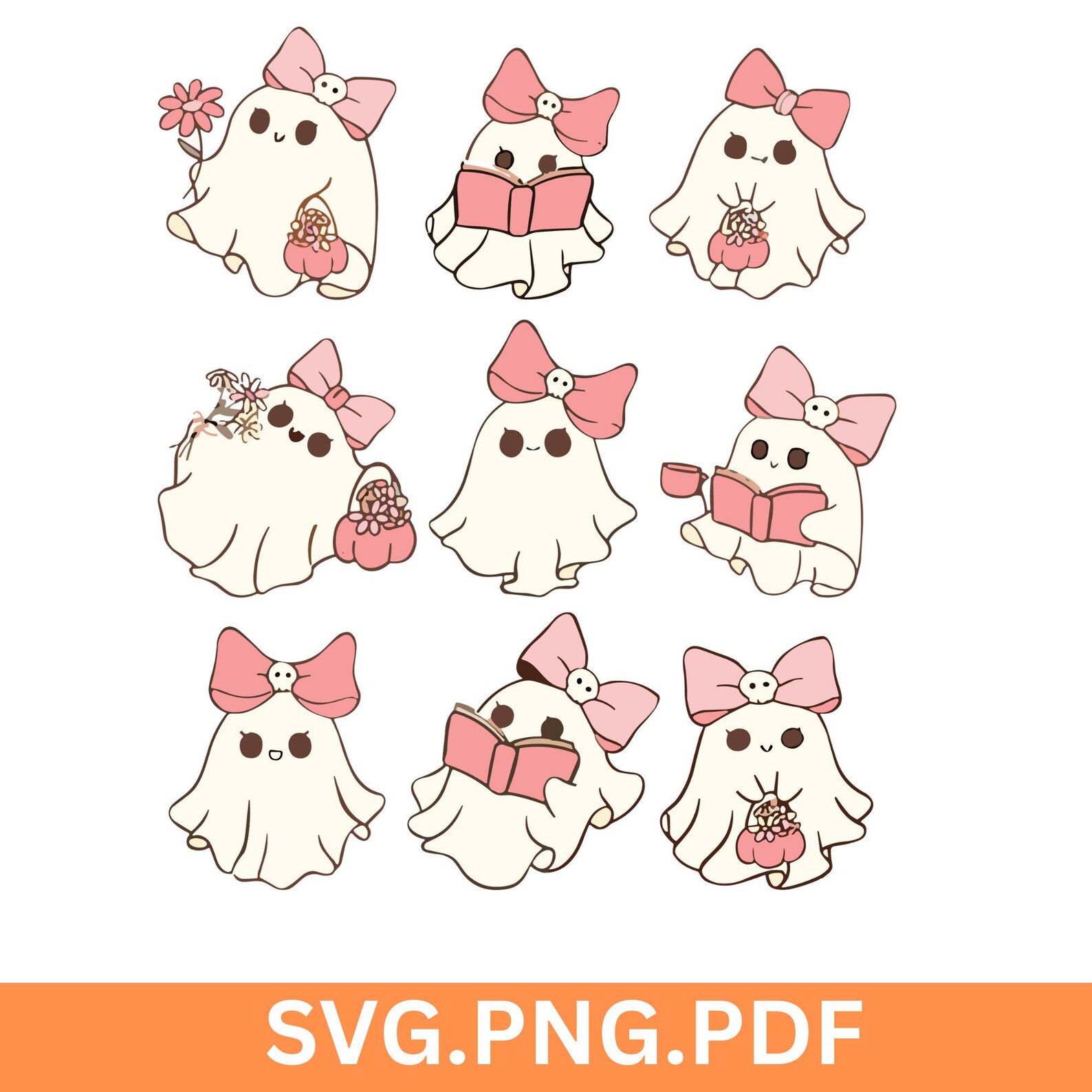 Pink Ghost Png Ghost Collage Svg PNG, Halloween Png Cute Pink Reading ...
