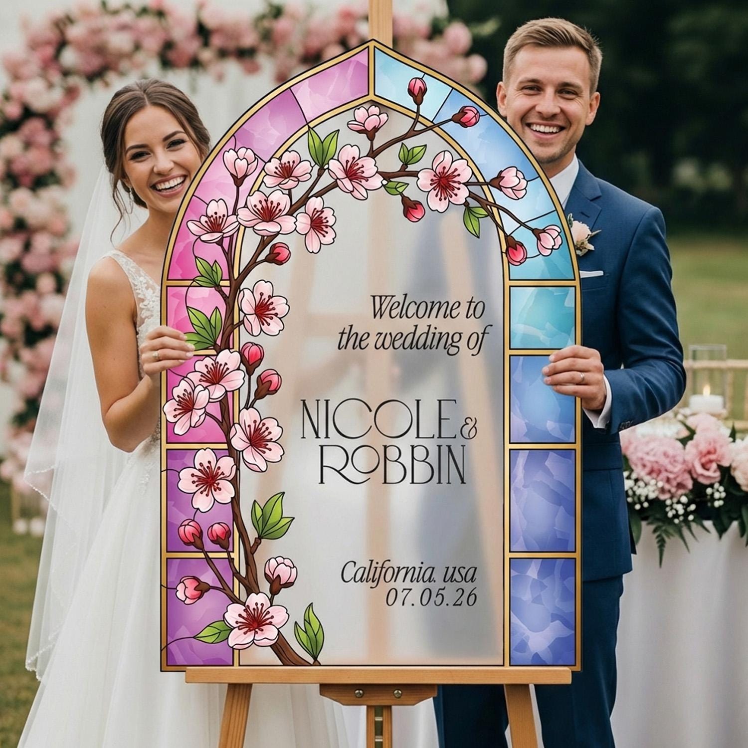 Custom Cherry Blossom Wedding Sign, Floral Stained Glass Wedding Signs ...