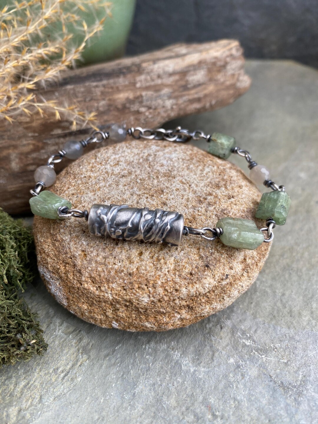 Sterling Silver Moss Spores Bracelet With Kyanite and Moonstone - Etsy