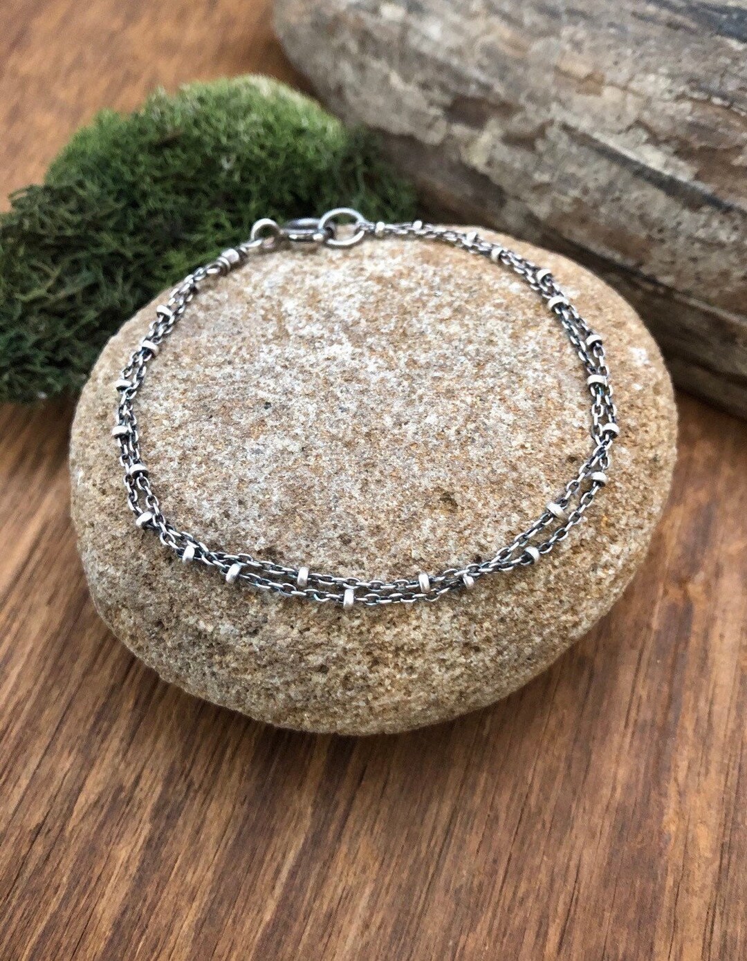Simple Sterling Silver Beaded Double Cable Chain Bracelet - Etsy