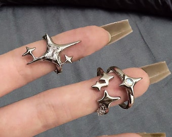 Silver Y2k Star Rings Y2k Egirl Silver Star Rings, Cross Design Irregular Rings, Adjustable ...