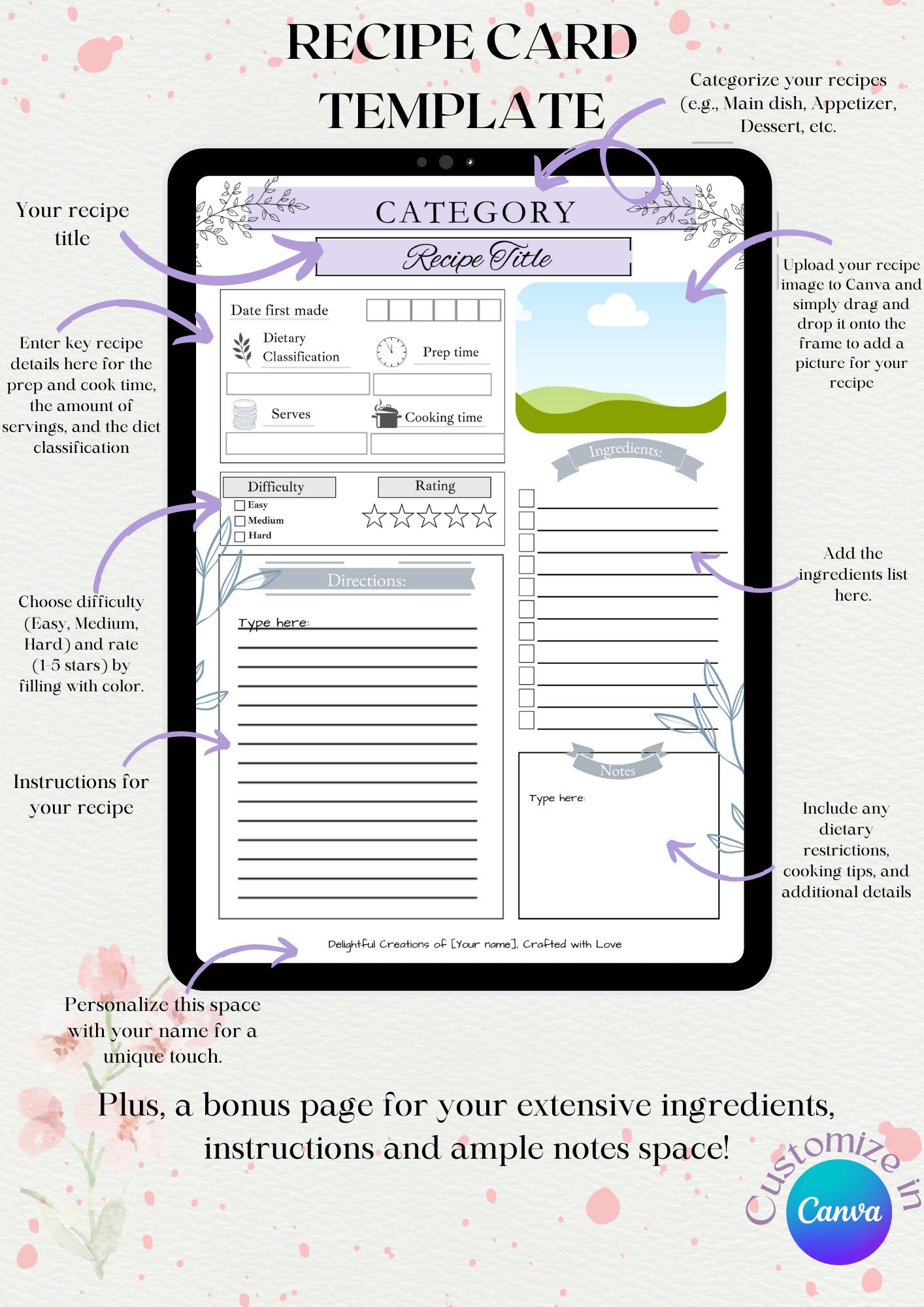 Personalized Recipe Card Printable and Editable A4 & US Letter Digital ...