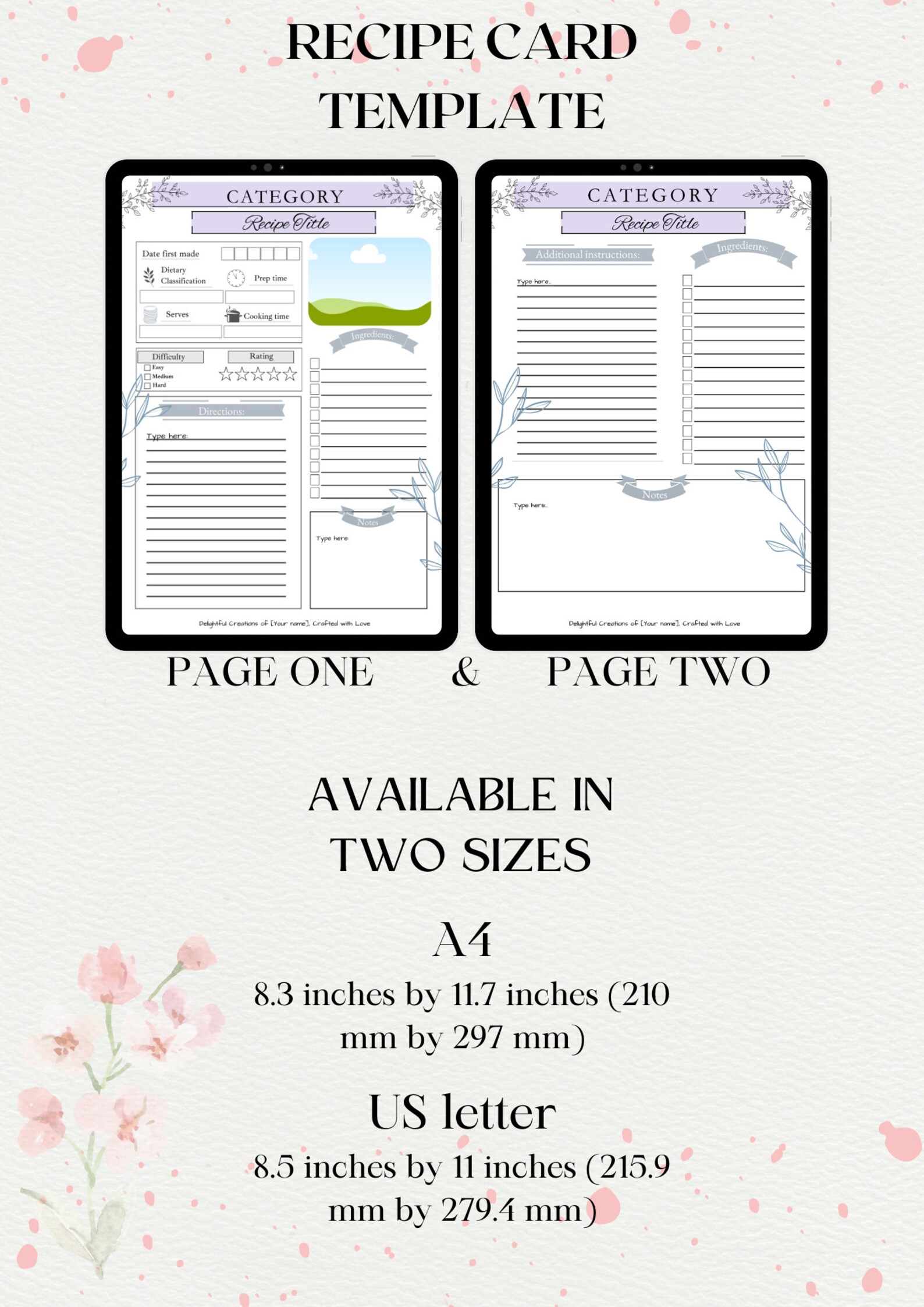 Personalized Recipe Card Printable and Editable A4 & US Letter Digital ...