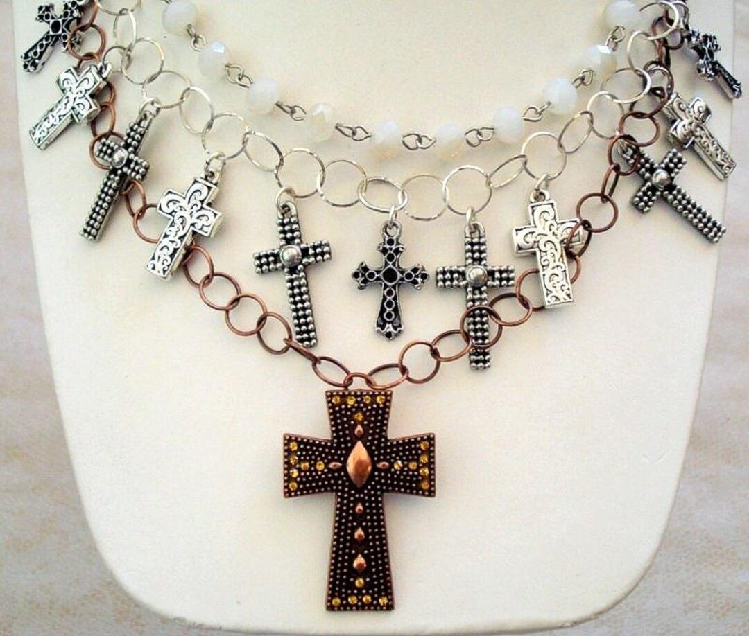 Multi Cross Pendant Necklace, Copper, Crystal, Silver Tone Chain - Etsy