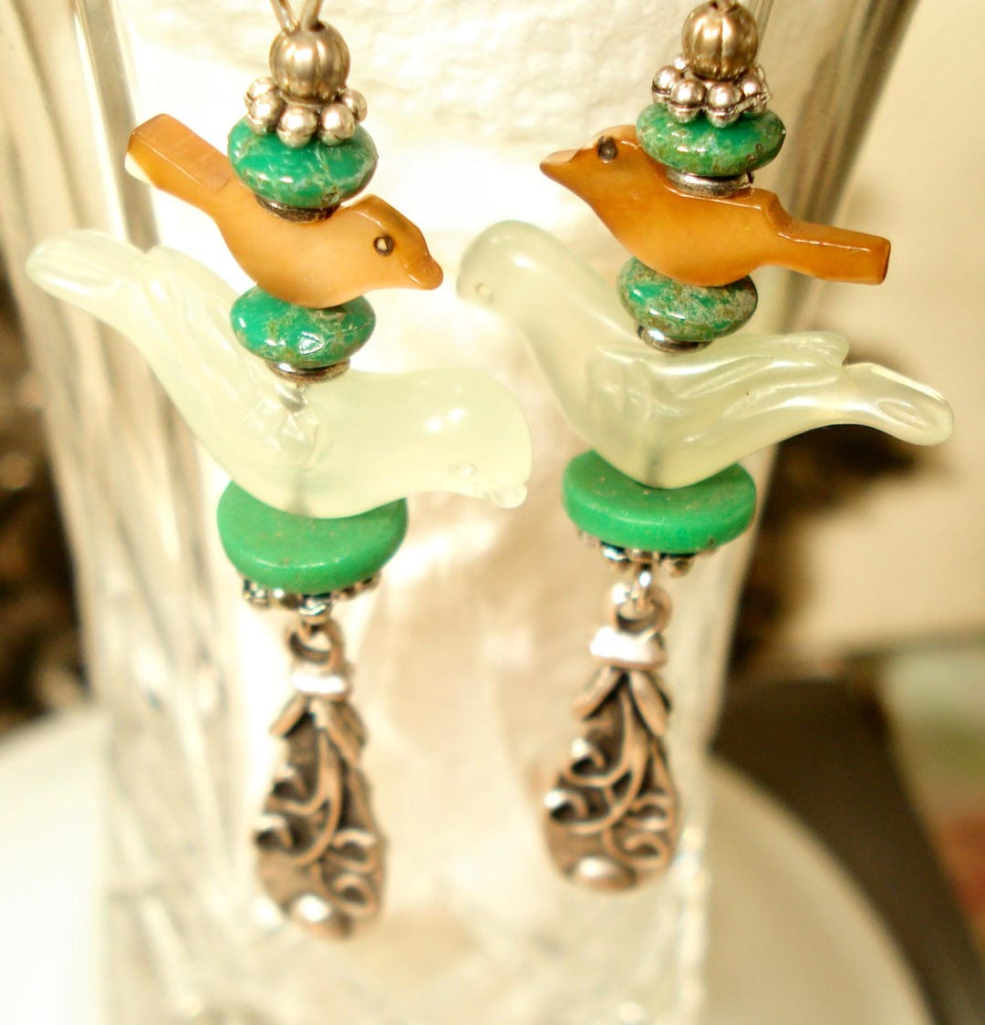 Light Green Detailed Carved Glass Birds, Tan Shell Birds, Ceramic Green ...