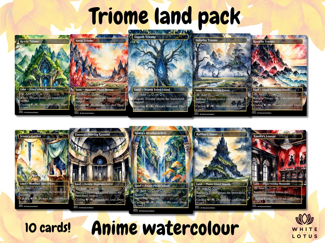Triome Land Pack 10 Cards Anime Watercolour Lands Set of 10 Unique ...