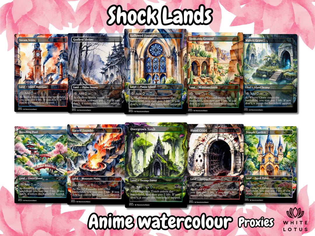 Shock Land Pack (10+ Cards) Anime Watercolour Lands Set of 10+ Unique ...