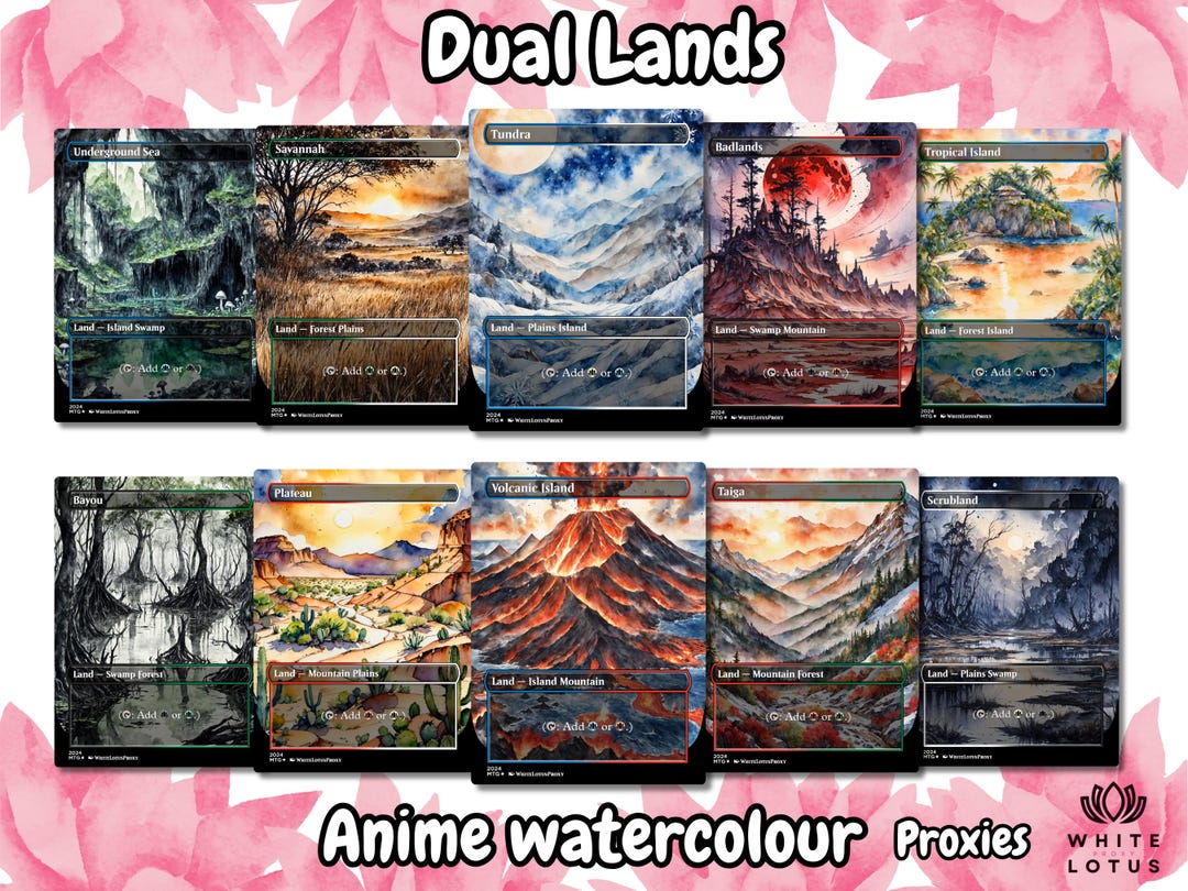 Dual Land Pack (10+ Cards) Anime Watercolour Lands Set of 10+ Unique ...