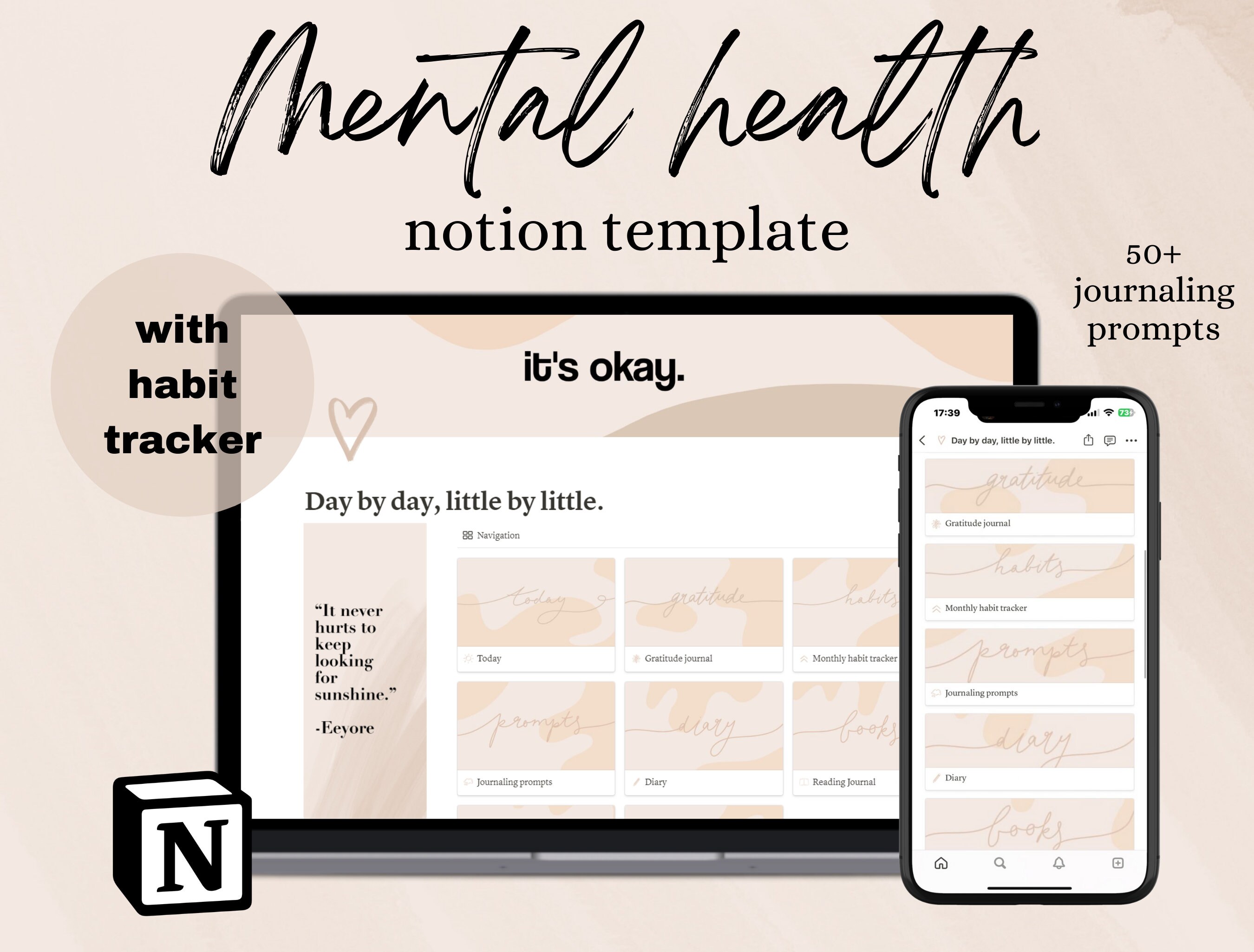 Mental Health Notion Template With Wellness Journal Prompts, Habit ...