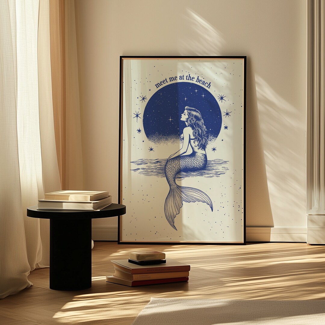 Meet Me at the Beach Poster | Vintage Mermaid Art Print | Retro Coastal ...