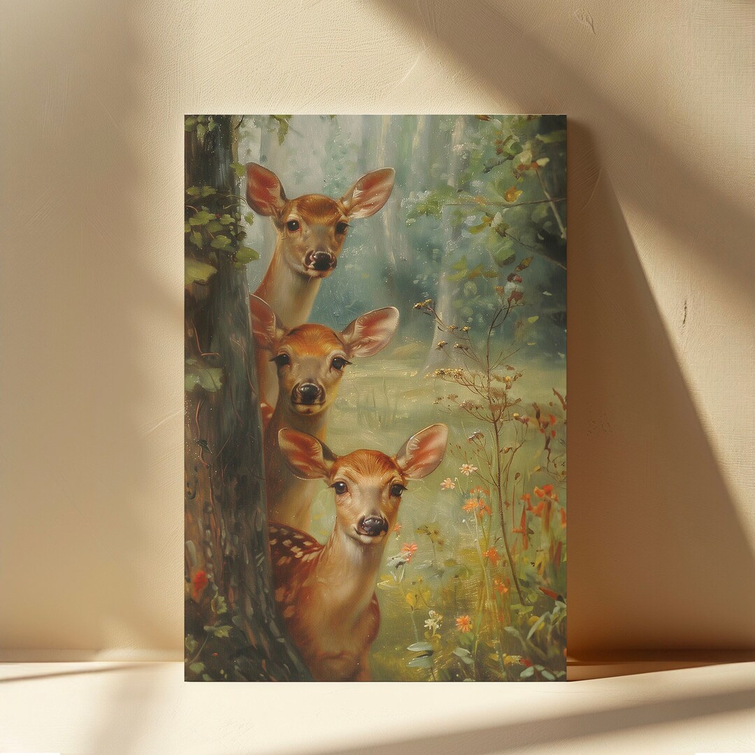 Three Curious Deer in Forest Print - Cozy Animal Art Poster, Nature ...