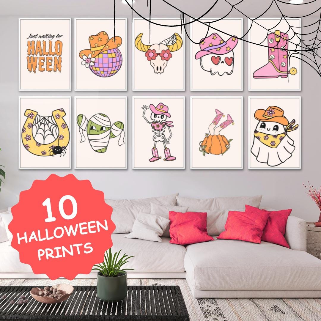 Halloween Printable Wall Art Set, Cute Pink Decor, Digital Print Set ...