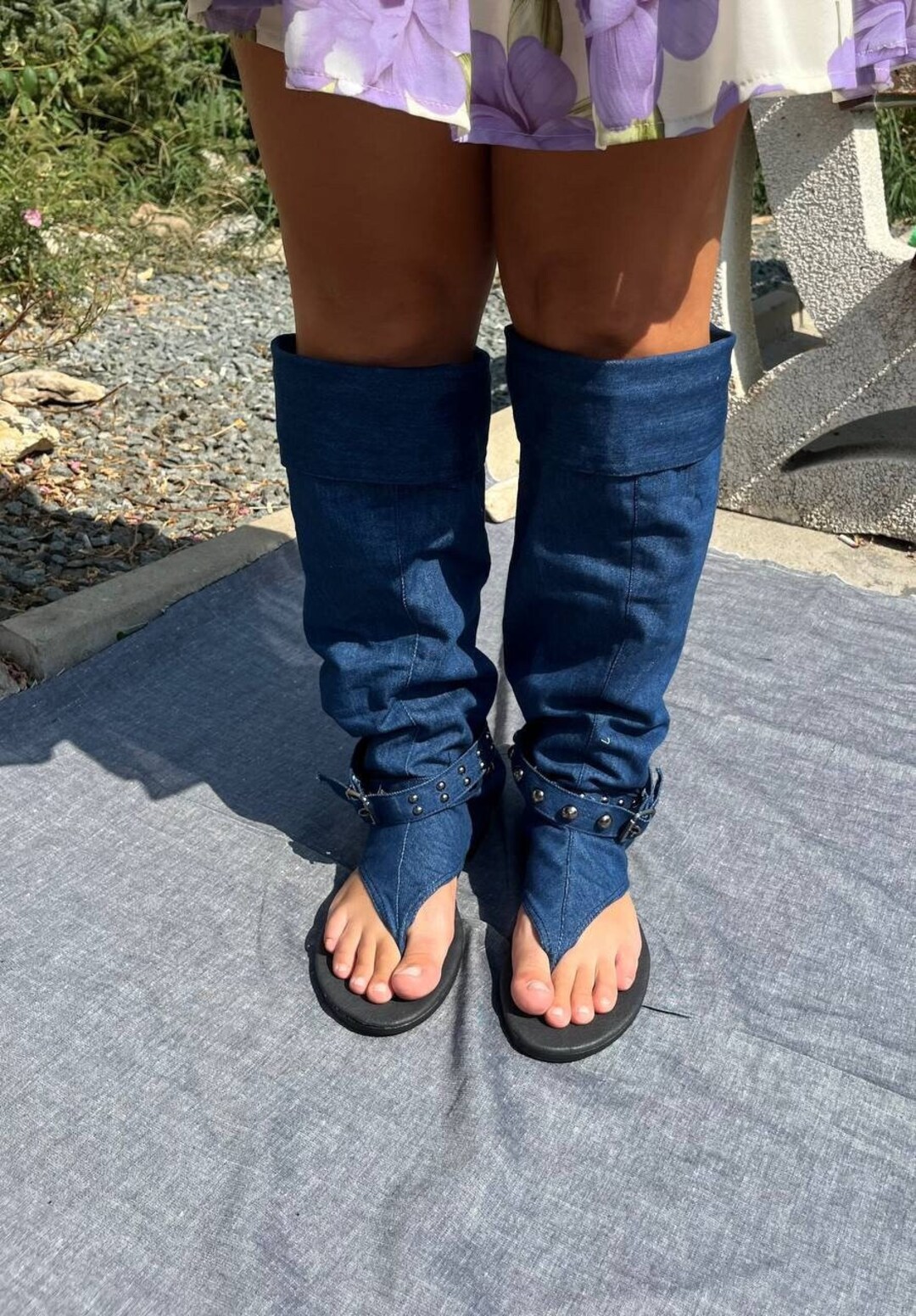 Woman Peep Toe Textile Denim Flip Flops Blue Jeans Summer Thongs Cut ...