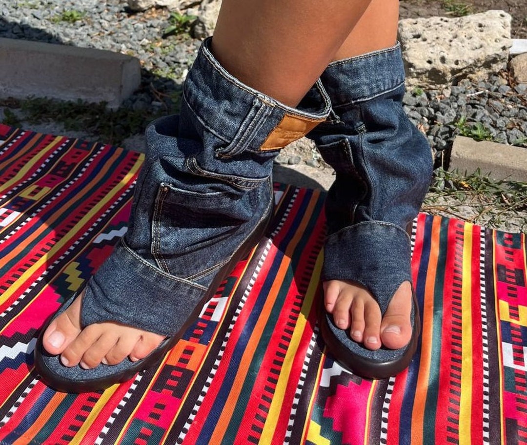 Woman Peep Toe Textile Denim Flip Flops Blue Jeans Summer Thongs Cut ...