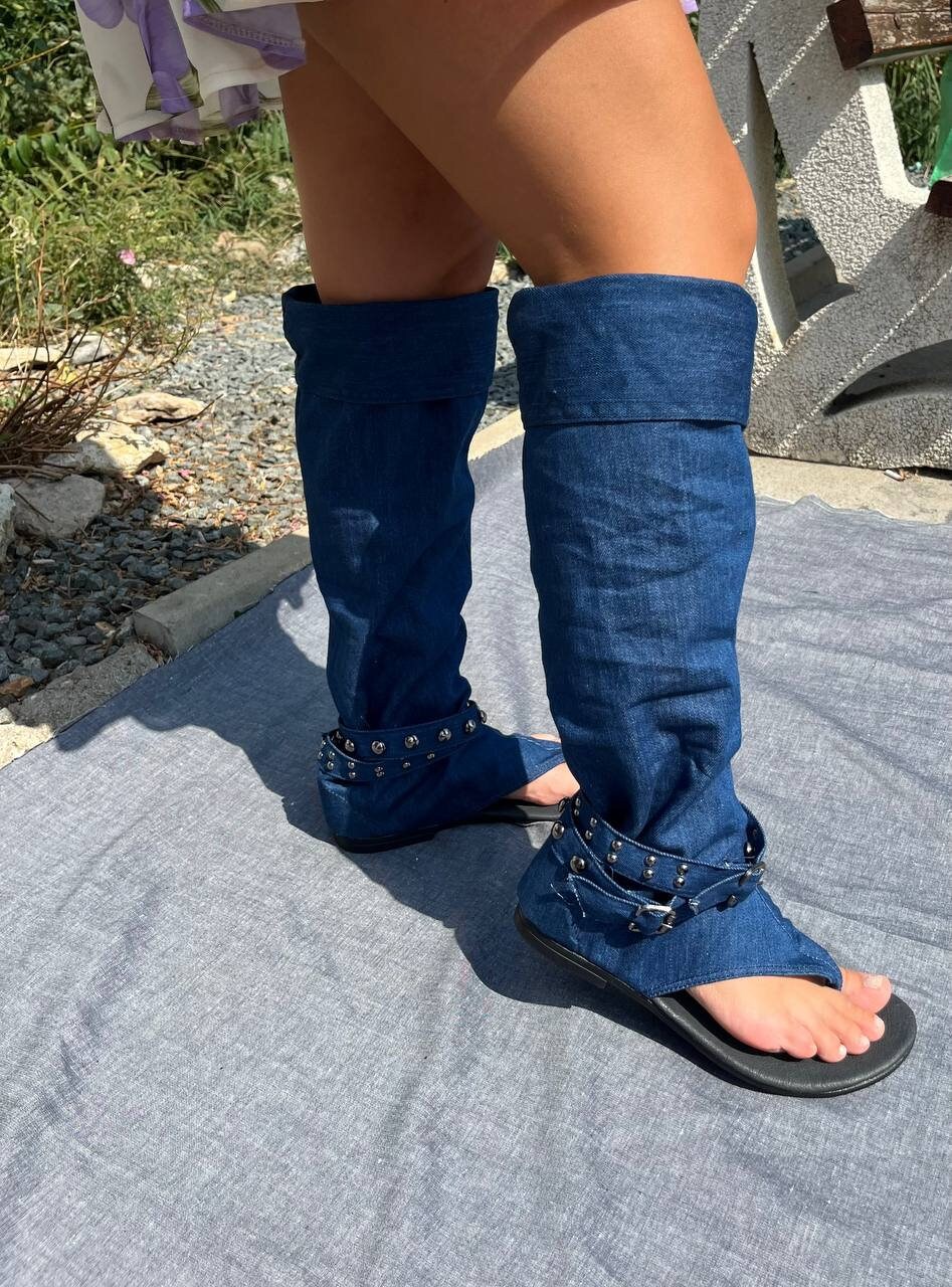 Woman Peep Toe Textile Denim Flip Flops Blue Jeans Summer Thongs Cut ...