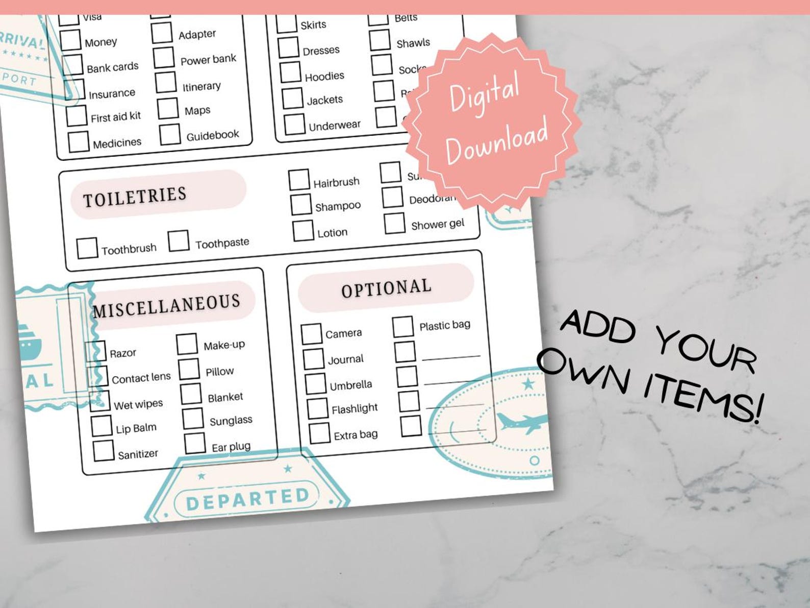 Simple Travel Packing List Printable, Vacation Planner (digital ...