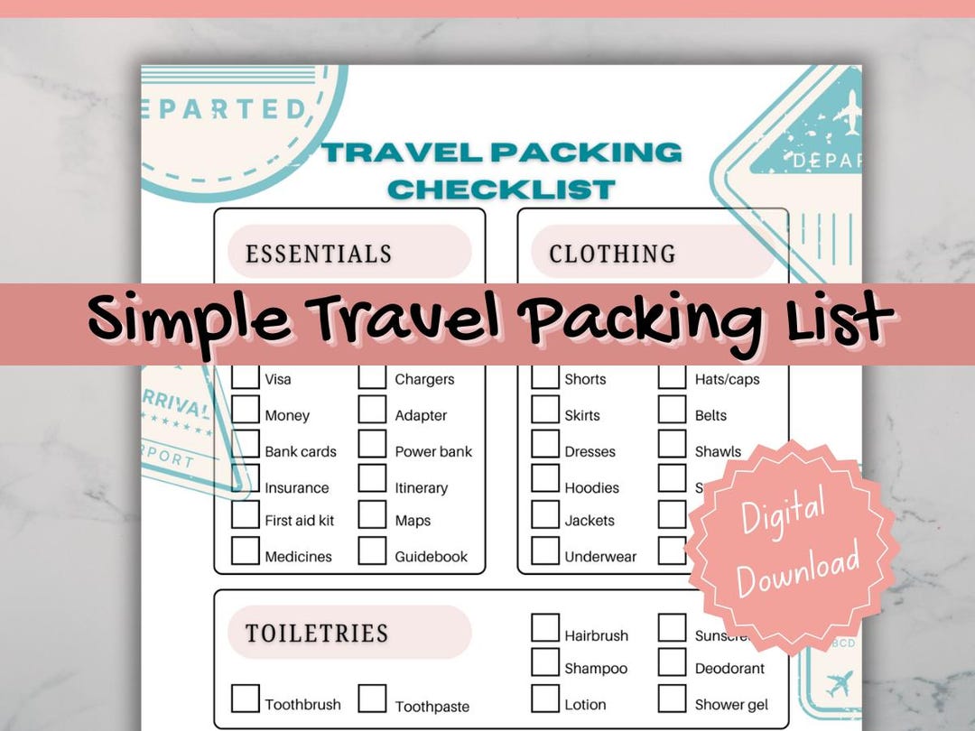 Simple Travel Packing List Printable, Vacation Planner (digital ...