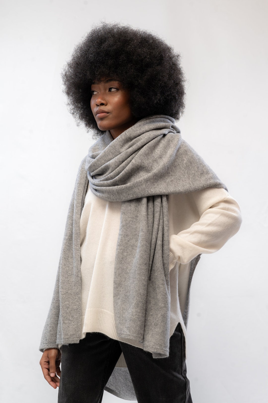 Oversized Cashmere Scarf for Woman- Grey & Black - Winter Luxury, Extra Large 100% Cashmere Wrap ...