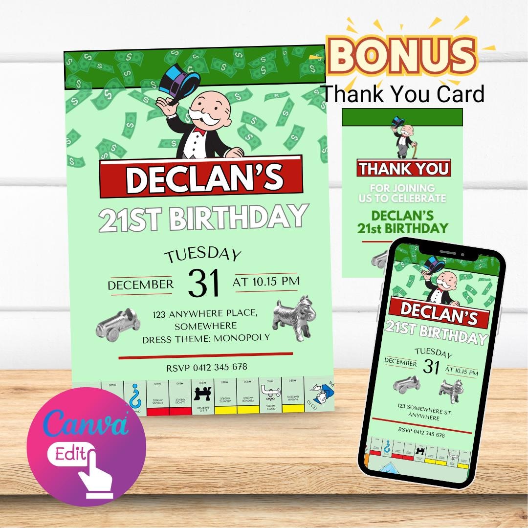 Monopoly Birthday Invitations X2! Fully Customisable Canva Template ...