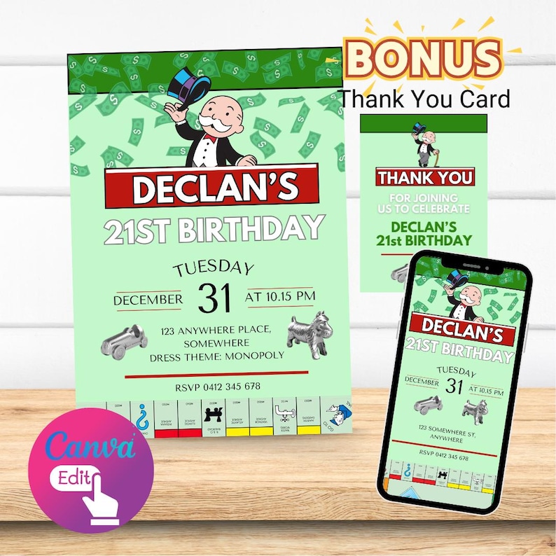 Monopoly Birthday Invitations X2! Fully Customisable Canva Template ...