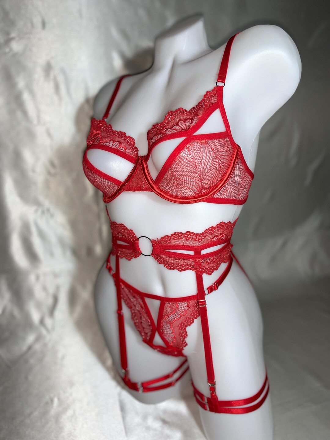 Red Garter of 3 Bra Set / Sheer Bra / Transparent Lingerie / Bra Panty Set/ Mesh Panty ...