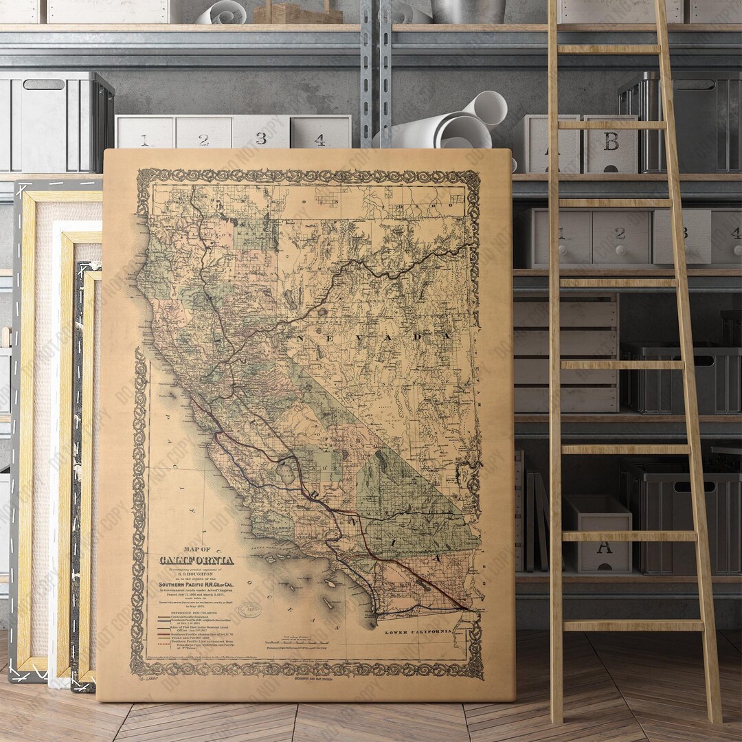 1876 Old Map of California - Southern Pacific Railroad | Canvas Wall ...