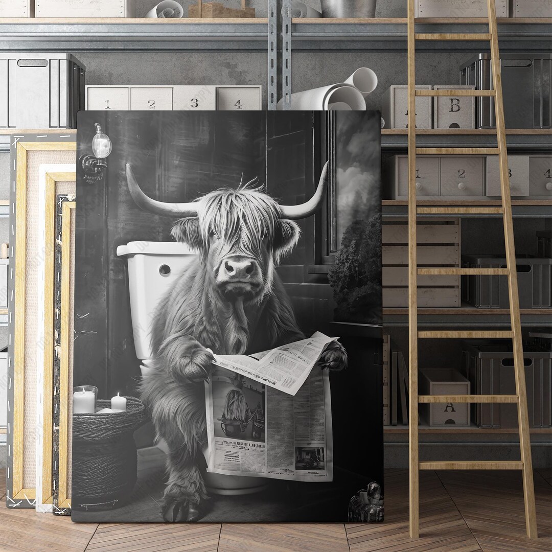 Highland Cow Reading Newspaper on the Toilet | Canvas Wall Art | Iconic ...