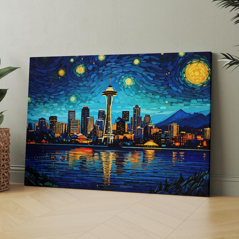 Seattle Skyline as Van Gogh Starry Night City Skyline Canvas Wall Art ...