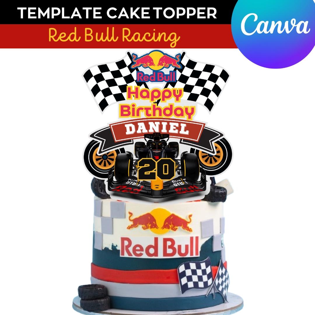 Red Bull Racing Cake Topper Template Canva Red Bull Birthday Cake ...