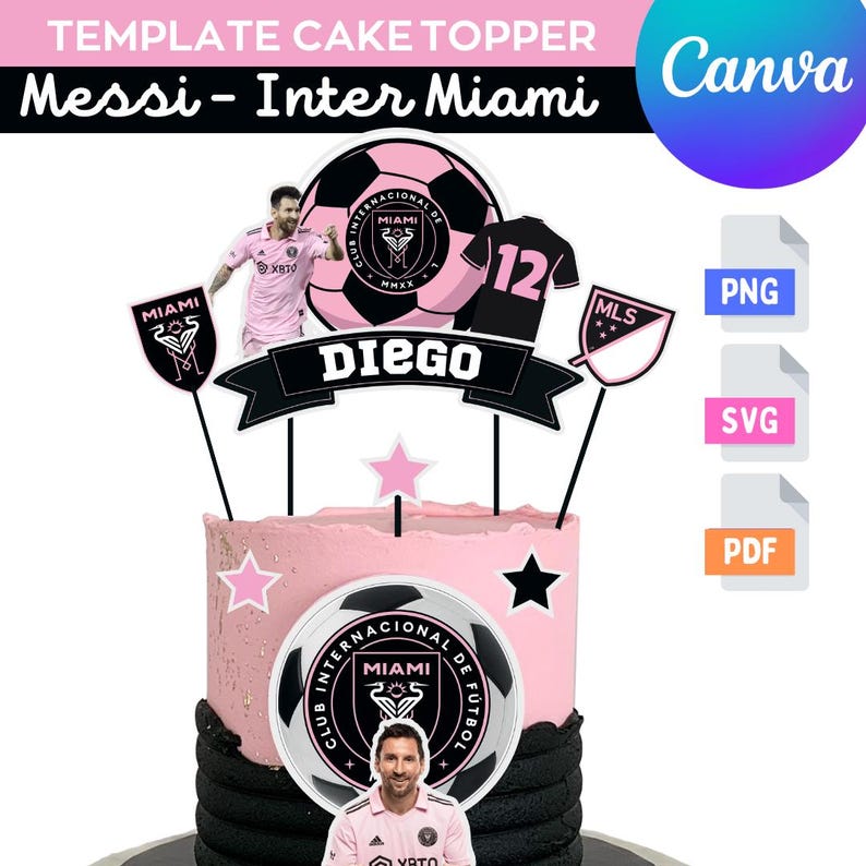 Messi Inter Miami Cake Topper Template Canva SVG PDF Messi Birthday ...