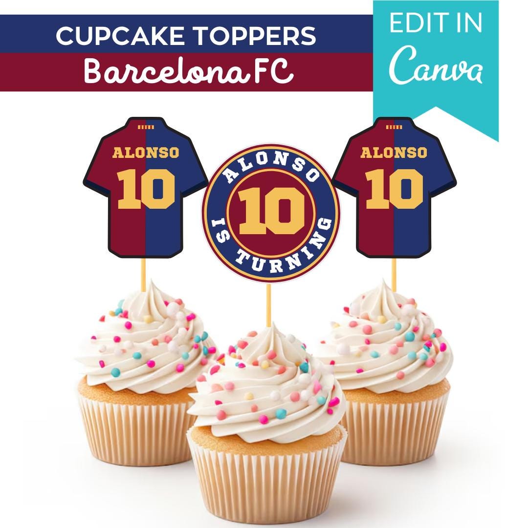 Barcelona FC Jersey Cupcake Topper Template Canva Barca Birthday Cake ...