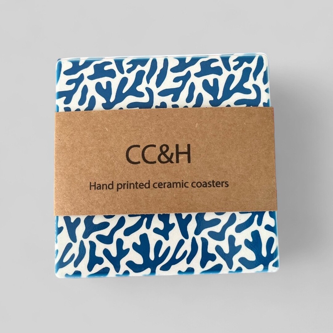 Blue Coral Print Ceramic Coasters Set. Set of Four Hand Printed Ceramic ...