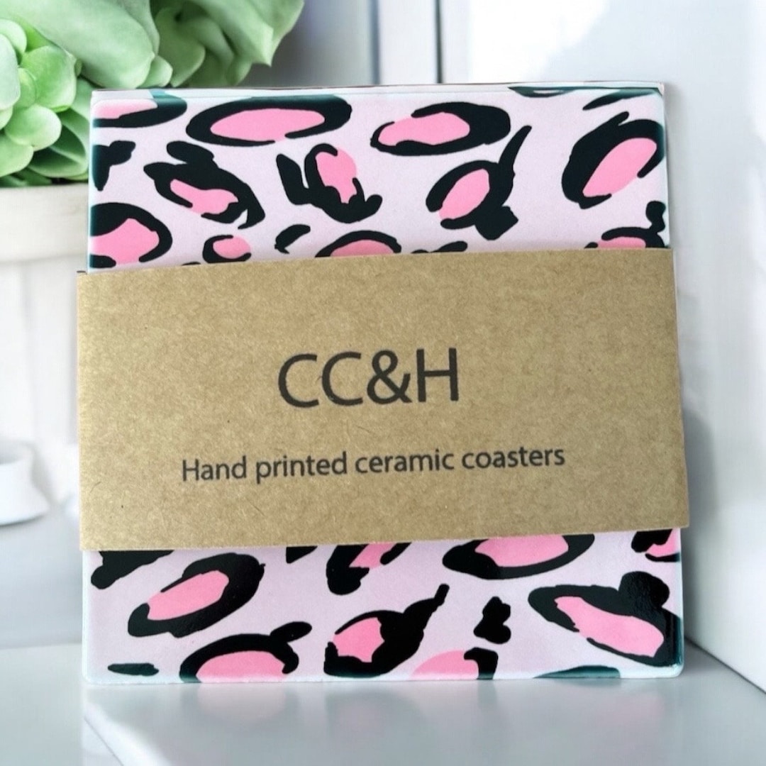 Pink Animal Print Ceramic Coasters Set. Set of Four Hand Printed ...