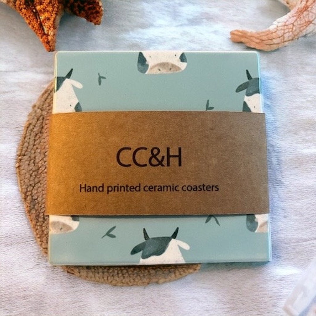 Cow Print Ceramic Coasters Set. Set of Four Hand Printed Ceramic ...