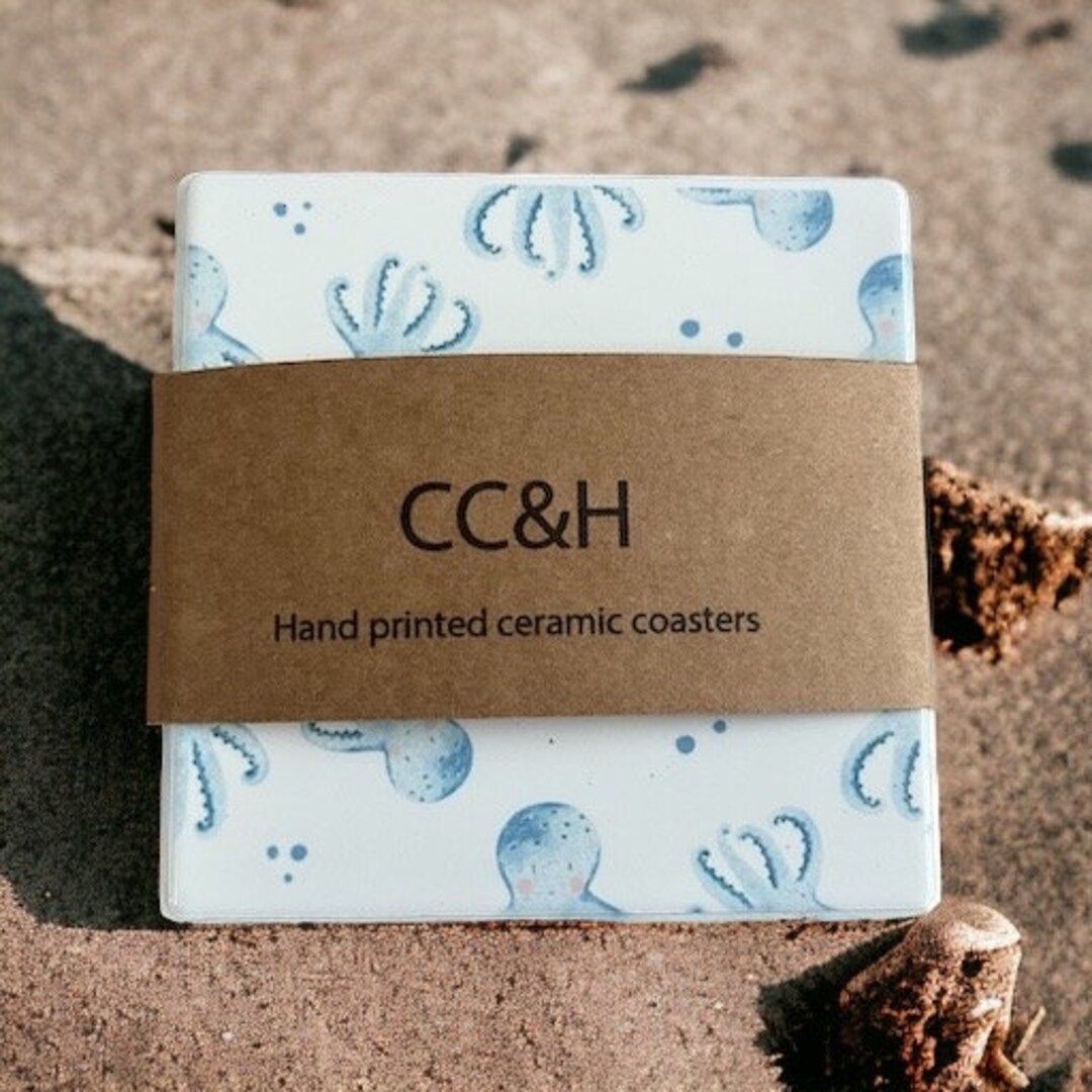 Octopus Print Ceramic Coasters Set. Set of Four Hand Printed Ceramic ...