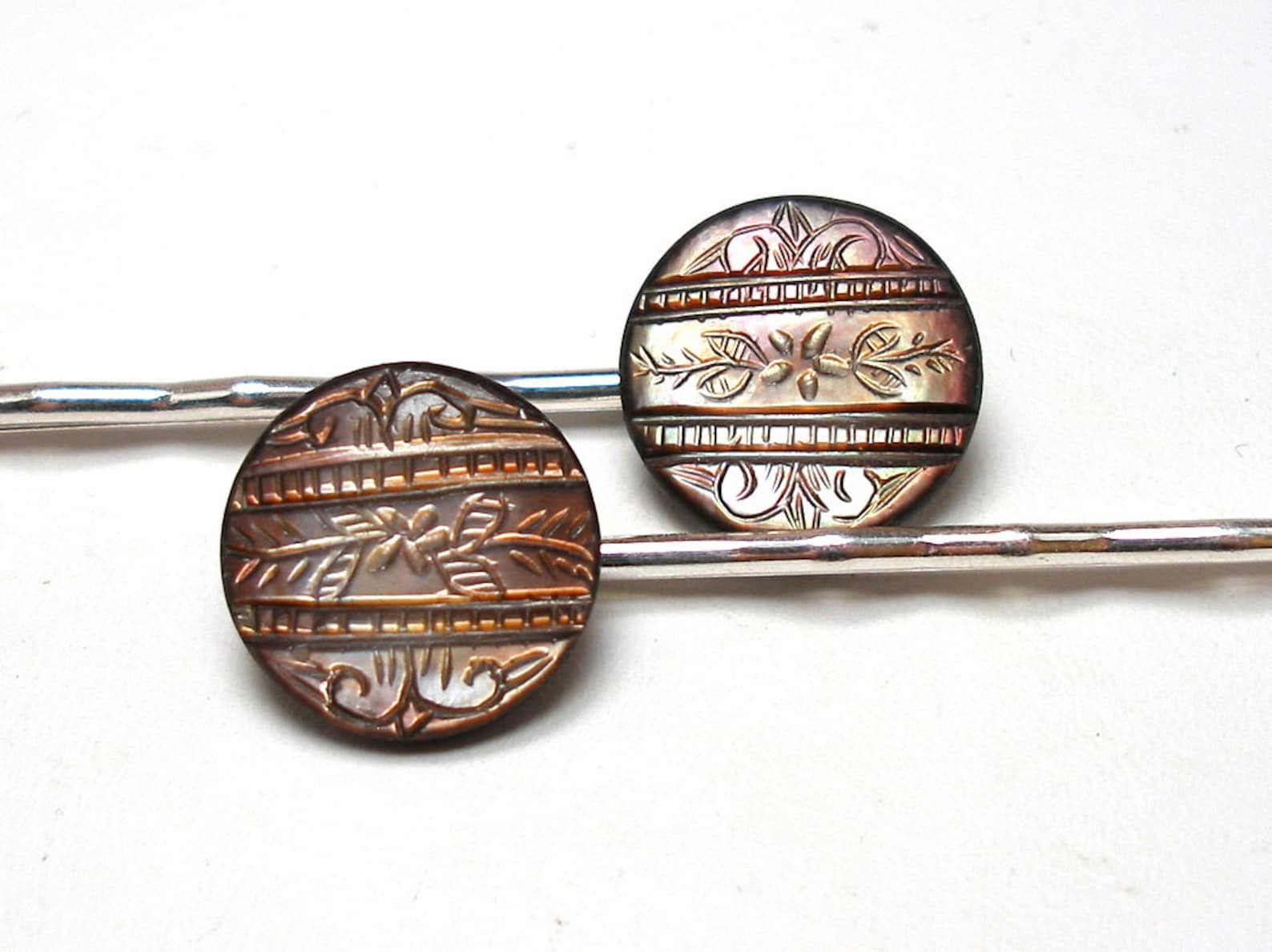 1800s Antique BUTTON Hair Pins, Victorian Smoky Mother-of-pearl on ...
