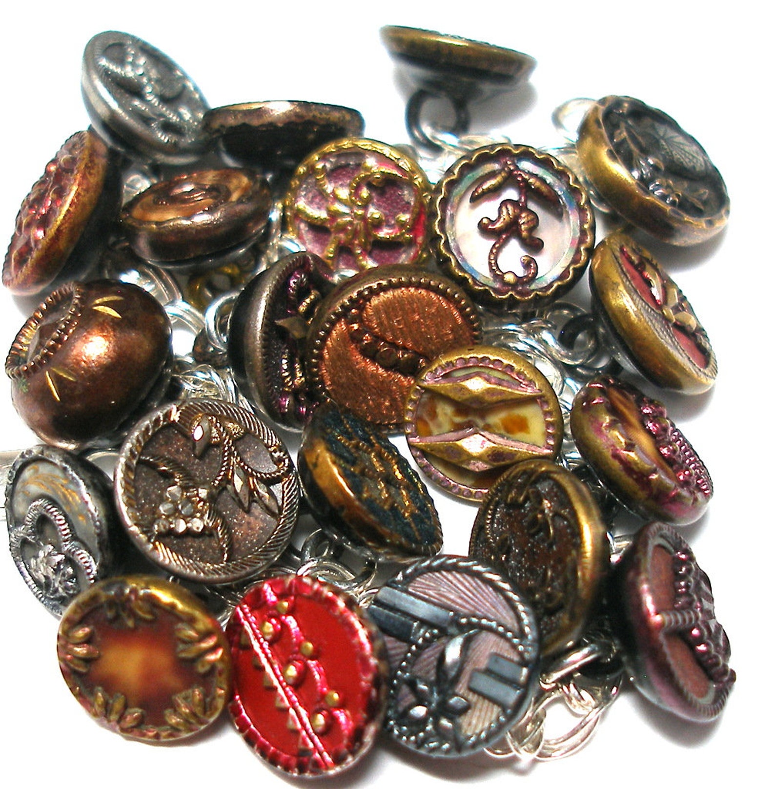 1800s BUTTONS Charm Bracelet. Victorian Tinies. 7.25 Sterling Silver ...