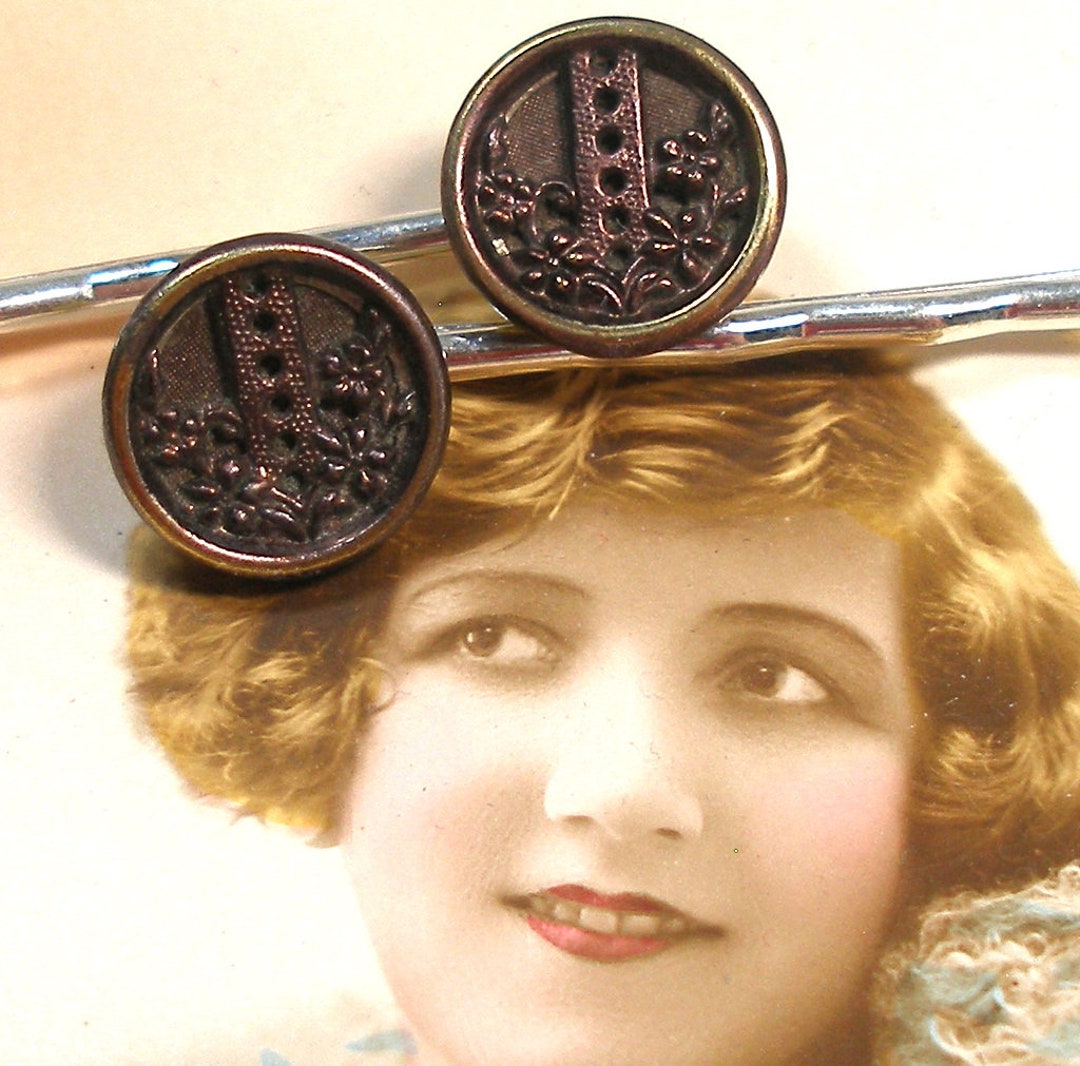 Antique BUTTON Hair Pins. 1800's Victorian FLOWERS on Silver Bobby Pins ...