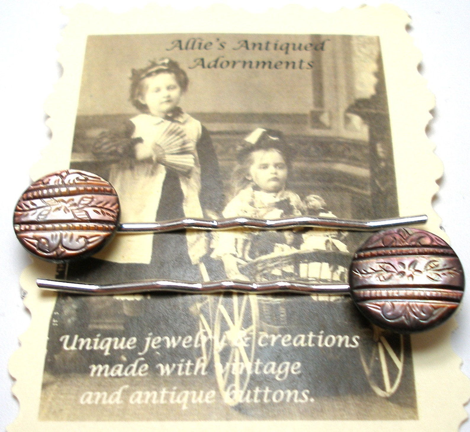 1800s Antique BUTTON Hair Pins, Victorian Smoky Mother-of-pearl on ...