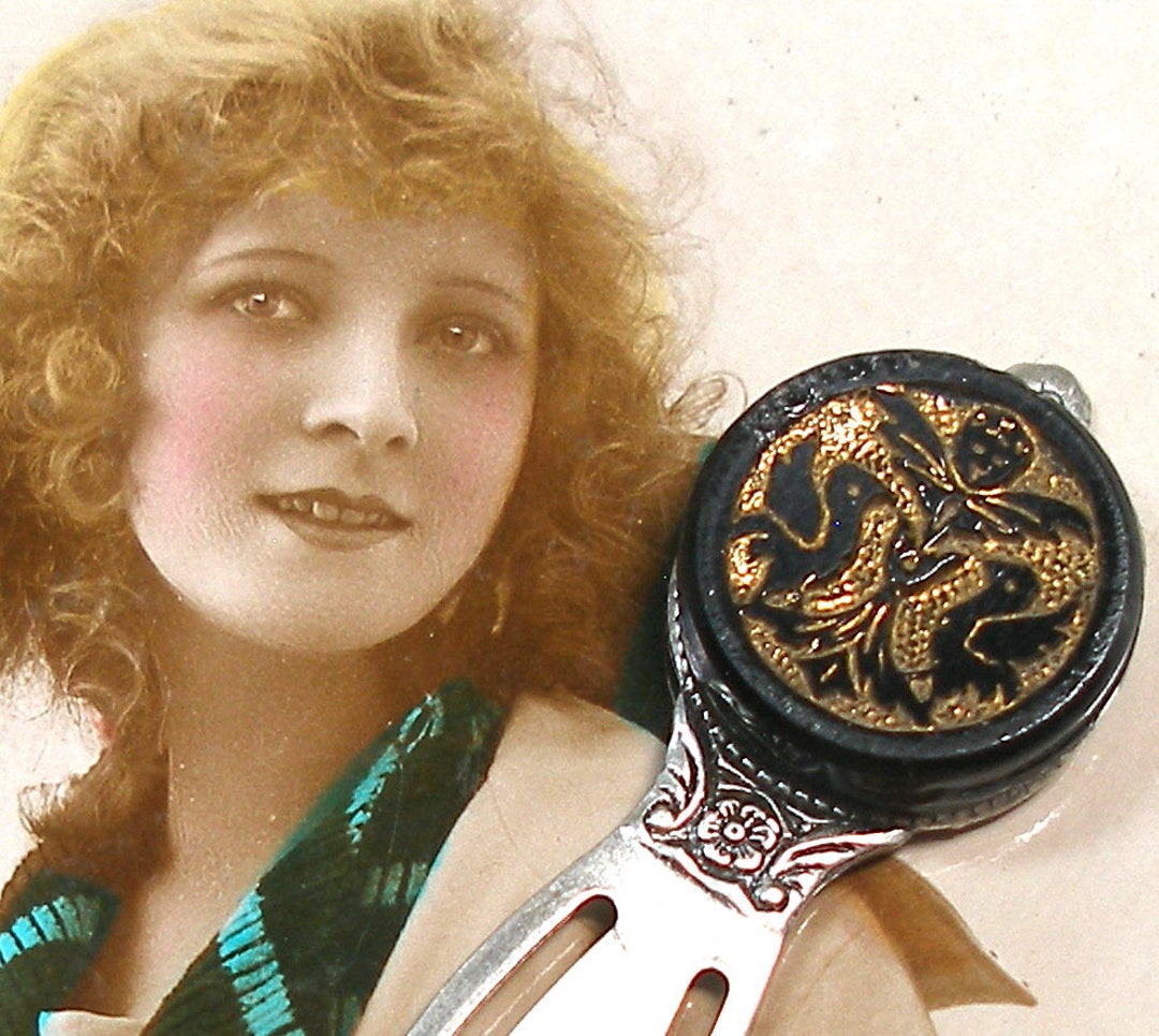 Cherub & Doves, Antique Button Bookmark. Black Glass Putti and Birds ...