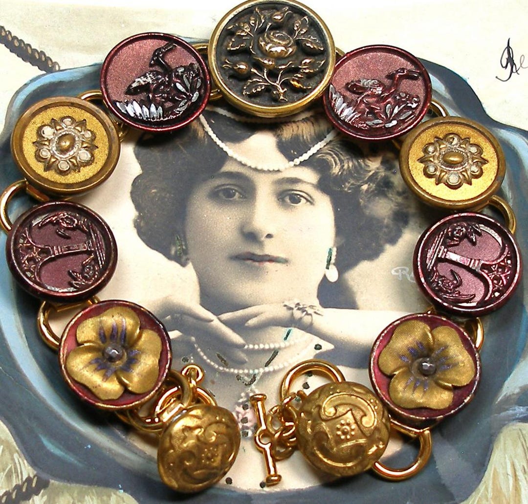 Antique French BUTTONS Gold Bracelet, Victorian Birds & Flowers in ...