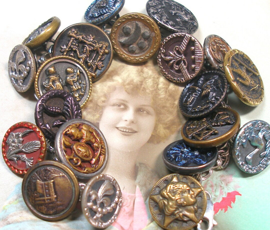 1800s BUTTONS Charm Bracelet. Victorian Picture Buttons, 7" Sterling ...