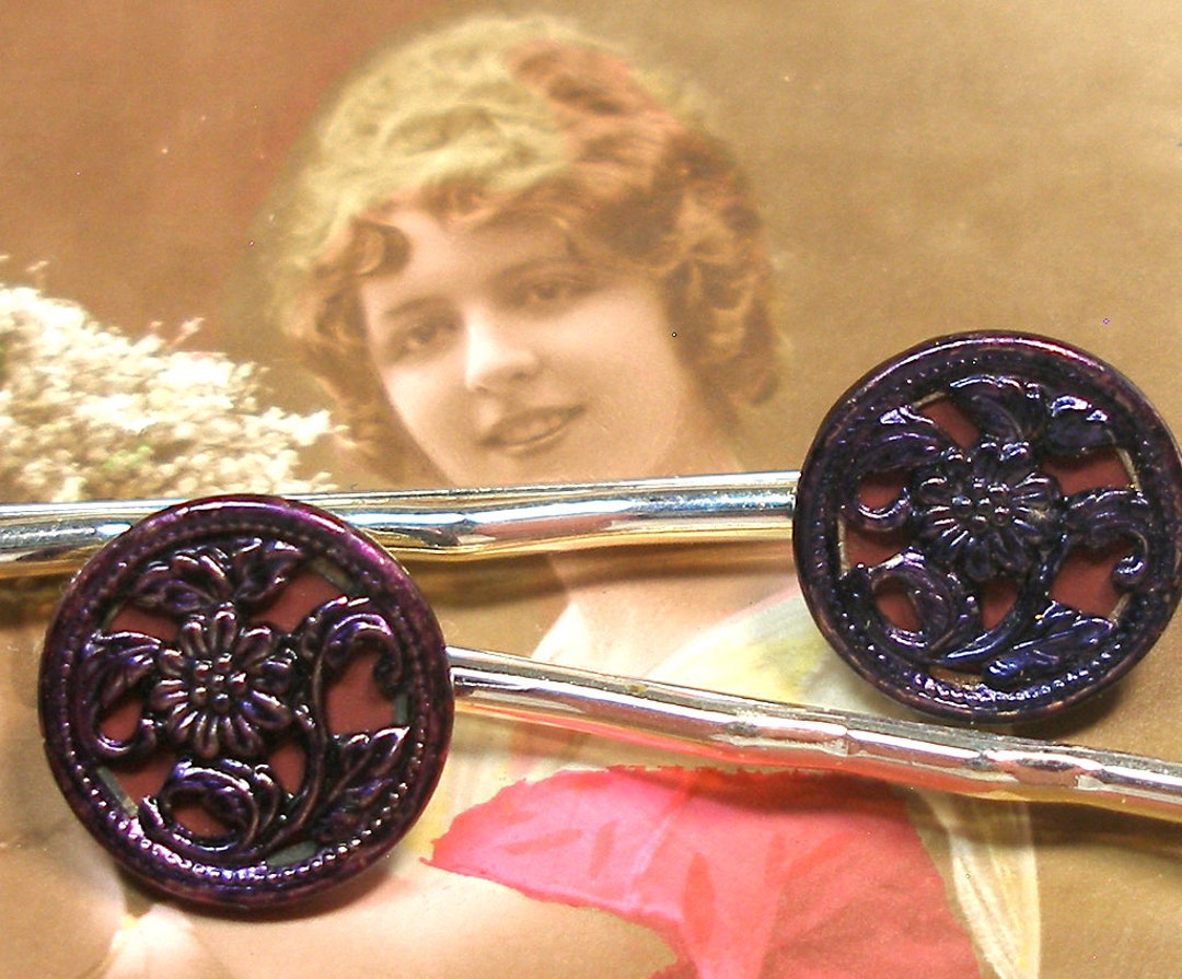 1800s Antique BUTTON Hair Pins. Victorian FLOWERS on Silver Bobby Pins ...
