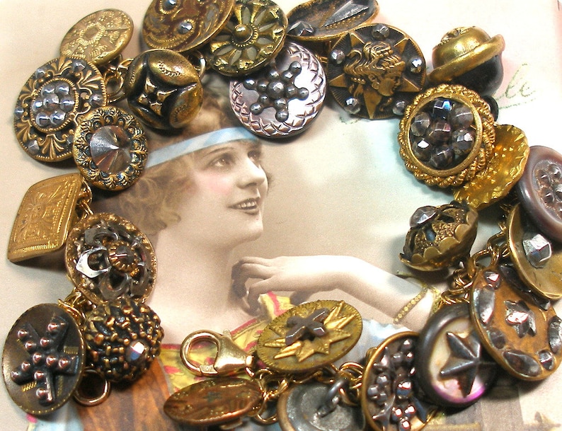 Star Maiden Antique BUTTON Charm Bracelet. 1800s Celestial Motif on ...