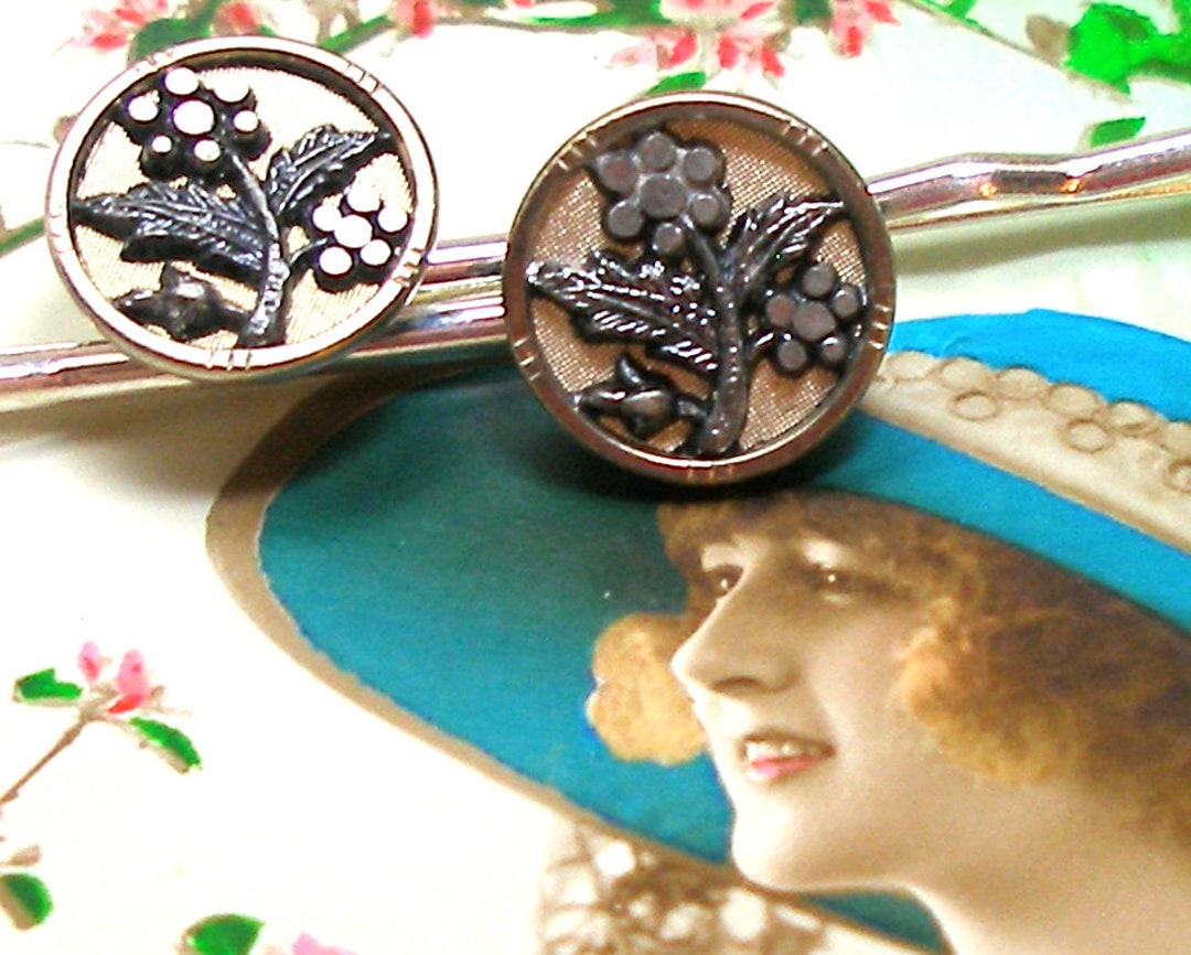 French BUTTON Hair Pins. Victorian Flower in White on Silver Bobby Pins ...