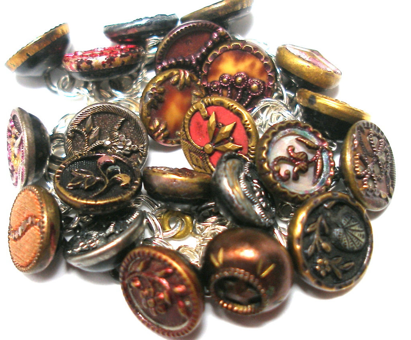 1800s BUTTONS Charm Bracelet. Victorian Tinies. 7.25 Sterling Silver ...