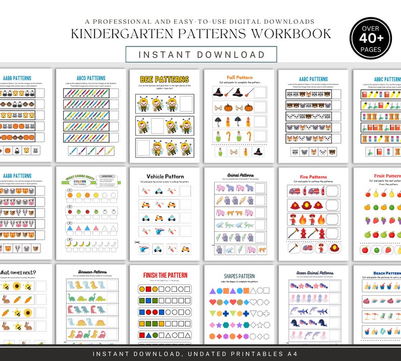 Kindergarten Pattern Workbook, Educational Workbook, Preschool Activity ...