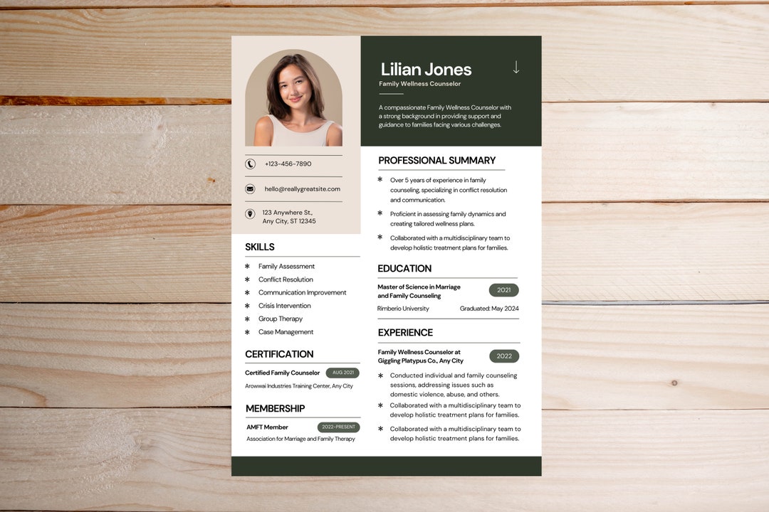 Green Simple Family Wellness Counselor Resume | Instant Download ...